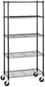 amazon basics 5-shelf adjustable, heavy duty storage shelving unit on 4'' wheel casters, metal organizer wire rack, 30" l x 14" w x 64.75" h, black