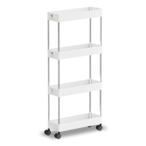 otk slim storage cart 4 tier mobile shelving unit organizer, utility rolling shelf cart with wheels for bathroom kitchen bedroom office laundry narrow places，white