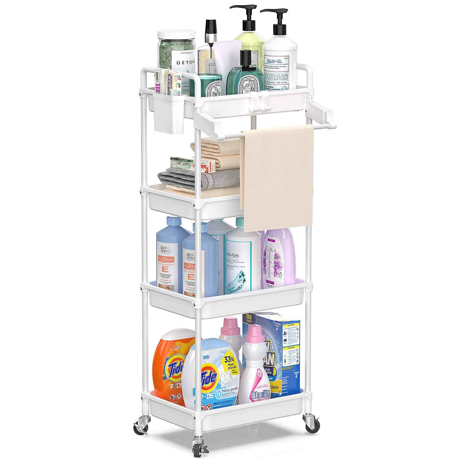 SPACEKEEPER Rolling Storage Cart, 4-Tier Bathroom Organizer Utility Cart Laundry Room Organization Mobile Shelving Unit with Towel Rack, Lockable Wheel, Hooks & Cup for Kitchen Bedroom Office, White