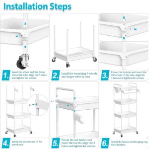 SPACEKEEPER Rolling Storage Cart, 4-Tier Bathroom Organizer Utility Cart Laundry Room Organization Mobile Shelving Unit with Towel Rack, Lockable Wheel, Hooks & Cup for Kitchen Bedroom Office, White