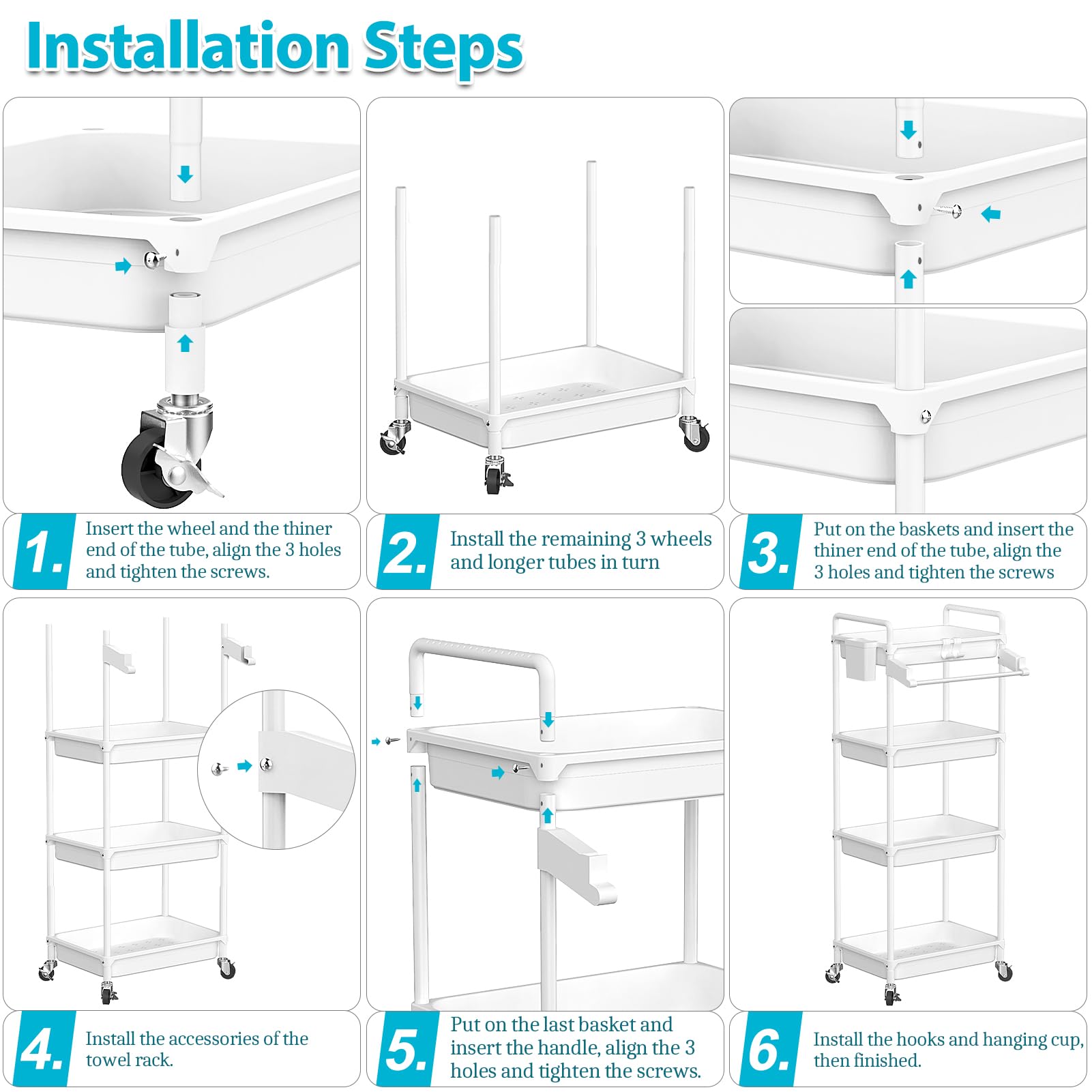 SPACEKEEPER Rolling Storage Cart, 4-Tier Bathroom Organizer Utility Cart Laundry Room Organization Mobile Shelving Unit with Towel Rack, Lockable Wheel, Hooks & Cup for Kitchen Bedroom Office, White