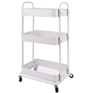 yohkoh 3-tier metal rolling utility cart, storage trolley cart with mesh baskets and lockable wheels for bathroom kitchen office(white)