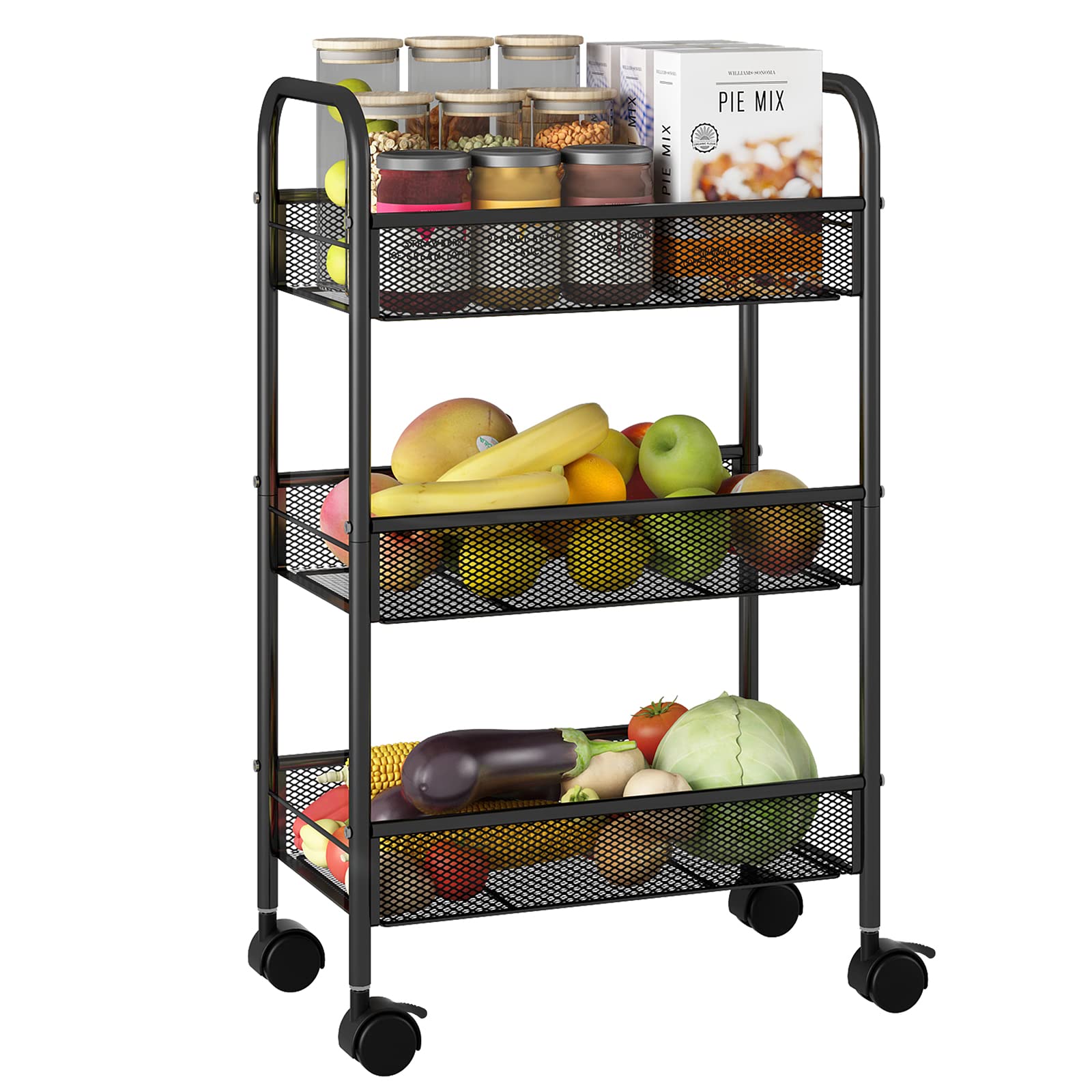 3 Tier Rolling Storage Cart, Utility Organizer Shelves with Wheels for Kitchen Bathroom, Metal Mesh White