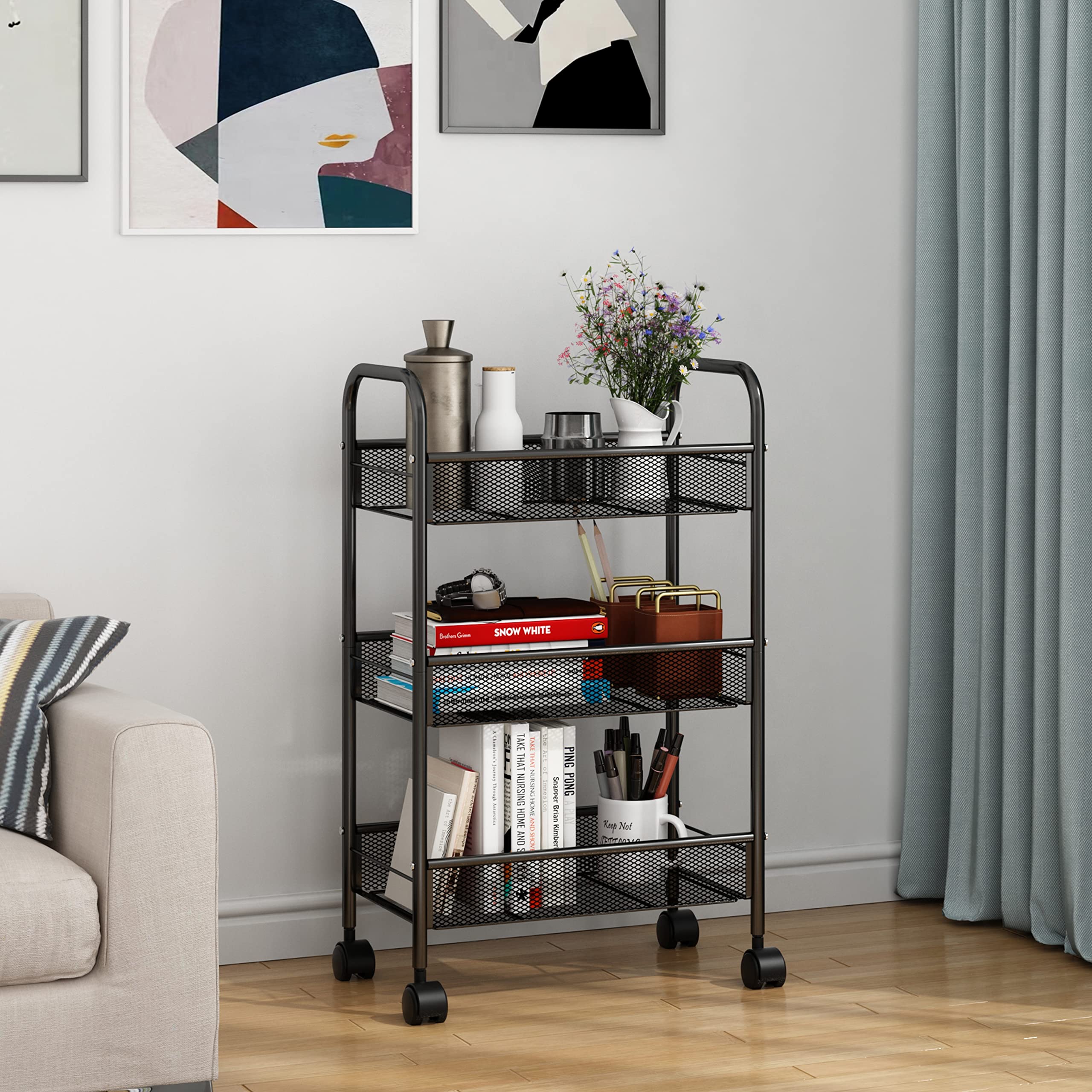 3 Tier Rolling Storage Cart, Utility Organizer Shelves with Wheels for Kitchen Bathroom, Metal Mesh White