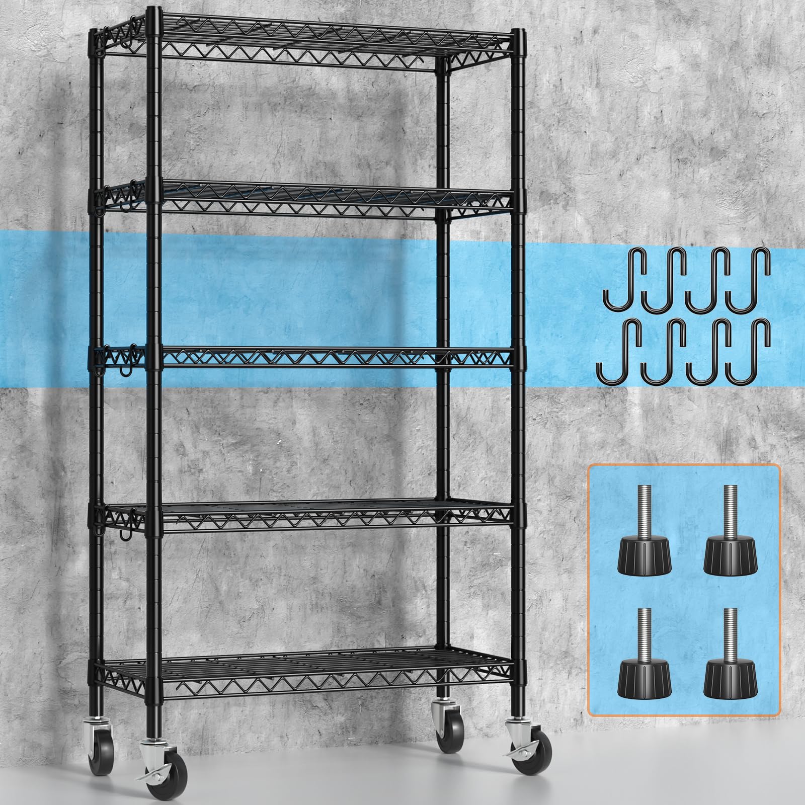 Hodonas Metal Shelving Unit with Wheels, 5-tier Wire Shelving with Adjustable Shelves for Storage, Freestanding Heavy Duty Metal Wire Storage Shelf Rack for Pantry Garage Kitchen, 36"W x 14"D x 75"H