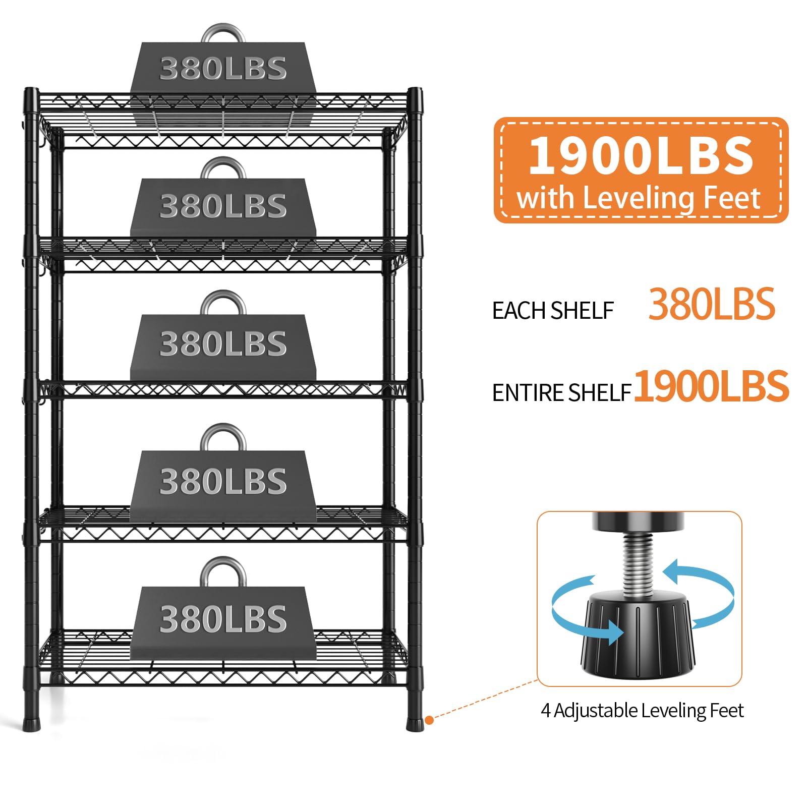 Hodonas Metal Shelving Unit with Wheels, 5-tier Wire Shelving with Adjustable Shelves for Storage, Freestanding Heavy Duty Metal Wire Storage Shelf Rack for Pantry Garage Kitchen, 36"W x 14"D x 75"H