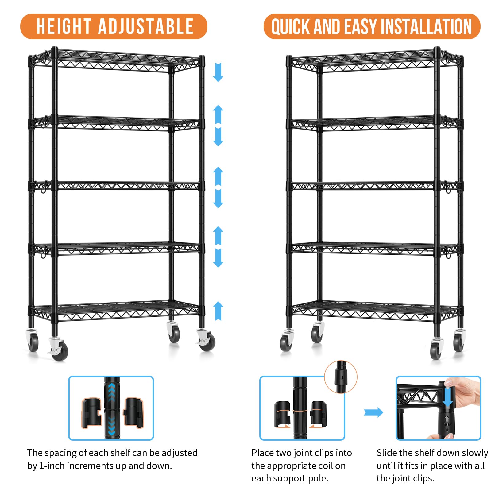 Hodonas Metal Shelving Unit with Wheels, 5-tier Wire Shelving with Adjustable Shelves for Storage, Freestanding Heavy Duty Metal Wire Storage Shelf Rack for Pantry Garage Kitchen, 36"W x 14"D x 75"H