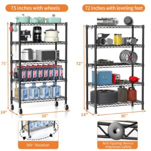 Hodonas Metal Shelving Unit with Wheels, 5-tier Wire Shelving with Adjustable Shelves for Storage, Freestanding Heavy Duty Metal Wire Storage Shelf Rack for Pantry Garage Kitchen, 36"W x 14"D x 75"H