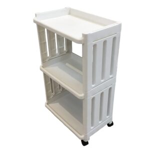 rolling storage utility cart slim organizer shelf with wheels 3 tier narrow places mobile shelving unit tower rack for kitchen bathroom laundry room home office bedroom living room washroom, white