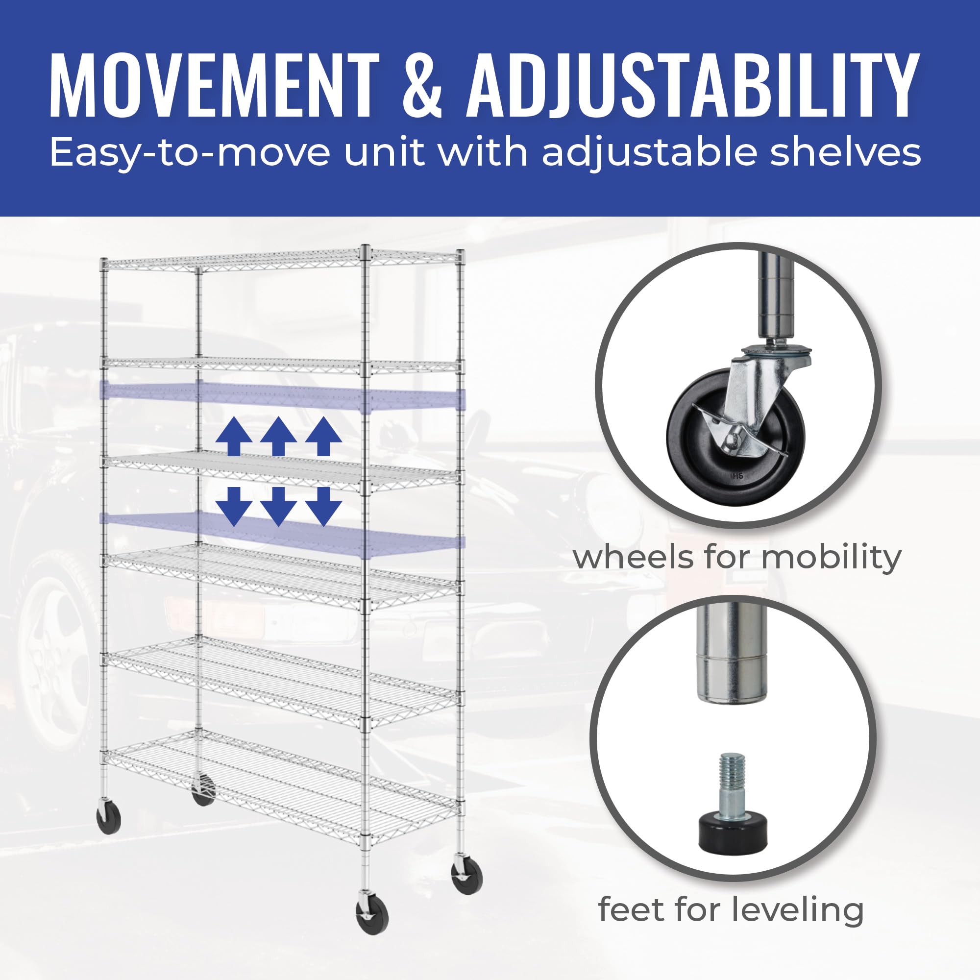 SafeRacks NSF Certified Storage Shelves, Heavy Duty Steel Wire Shelving Unit with Wheels and Adjustable Feet, Used as Pantry Shelf, Garage or Bakers Rack Kitchen Shelving - (18"x48"x72" 6-Tier)