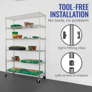 SafeRacks NSF Certified Storage Shelves, Heavy Duty Steel Wire Shelving Unit with Wheels and Adjustable Feet, Used as Pantry Shelf, Garage or Bakers Rack Kitchen Shelving - (18"x48"x72" 6-Tier)