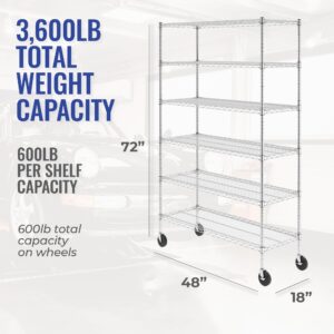 SafeRacks NSF Certified Storage Shelves, Heavy Duty Steel Wire Shelving Unit with Wheels and Adjustable Feet, Used as Pantry Shelf, Garage or Bakers Rack Kitchen Shelving - (18"x48"x72" 6-Tier)