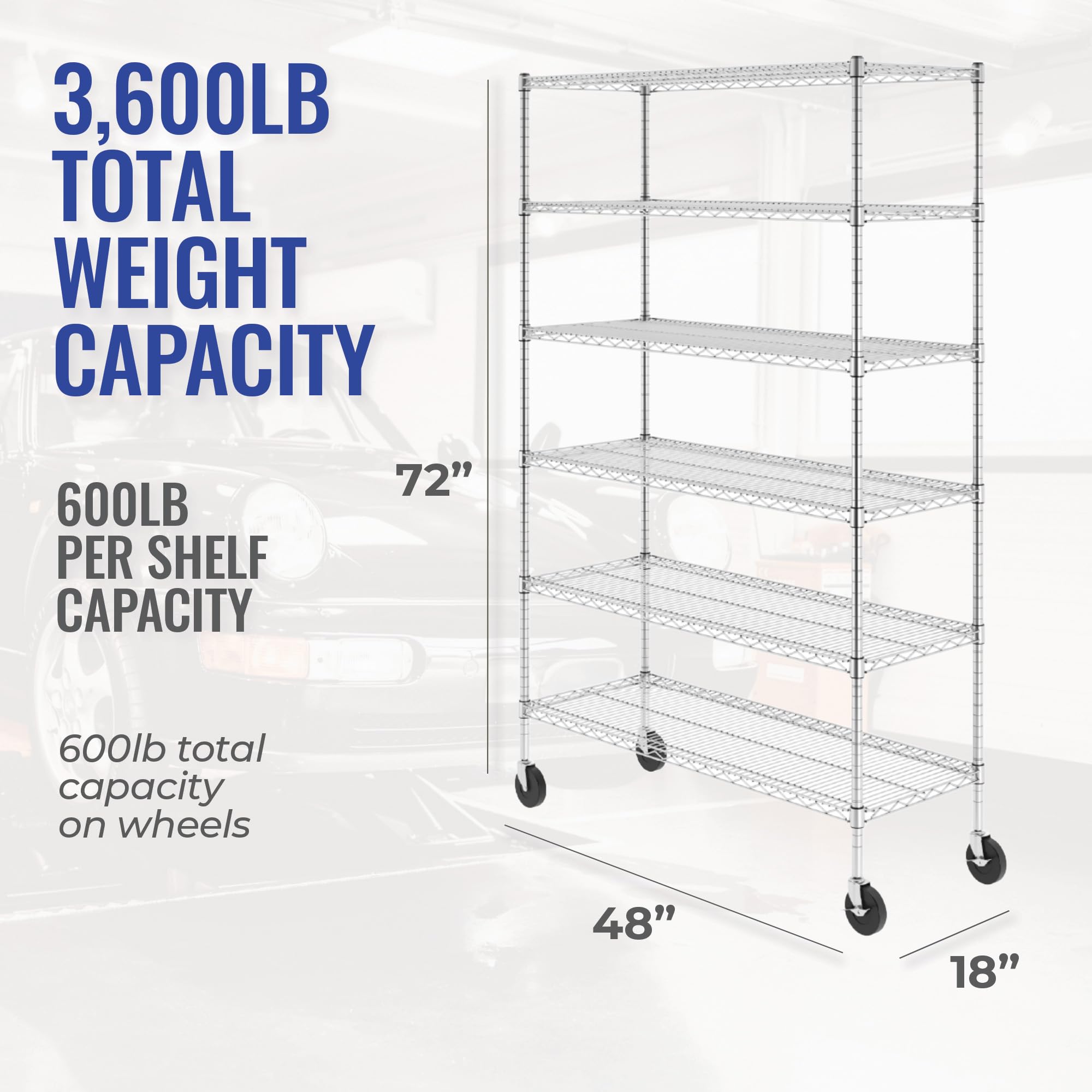 SafeRacks NSF Certified Storage Shelves, Heavy Duty Steel Wire Shelving Unit with Wheels and Adjustable Feet, Used as Pantry Shelf, Garage or Bakers Rack Kitchen Shelving - (18"x48"x72" 6-Tier)