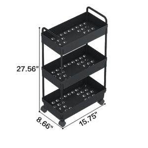 Buzowruil Rolling Storage Cart 3 Tier Organizer Mobile Shelving Unit Storage Rolling Utility Cart with Wheels for Kitchen Bathroom Laundry,Black