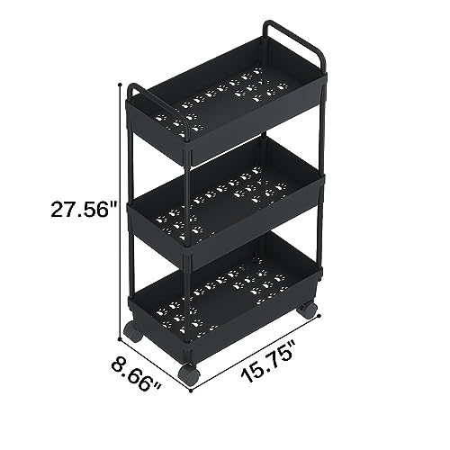 Buzowruil Rolling Storage Cart 3 Tier Organizer Mobile Shelving Unit Storage Rolling Utility Cart with Wheels for Kitchen Bathroom Laundry,Black