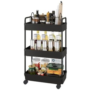 Buzowruil Rolling Storage Cart 3 Tier Organizer Mobile Shelving Unit Storage Rolling Utility Cart with Wheels for Kitchen Bathroom Laundry,Black