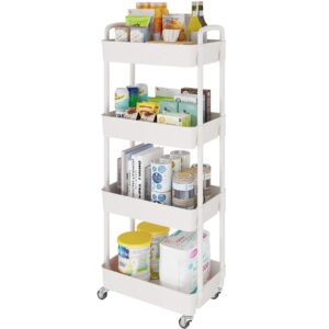 laiensia 4-tier storage cart,multifunction utility rolling cart kitchen storage organizer,mobile shelving unit cart with lockable wheels for bathroom,laundry,living room,with classified stickers,white