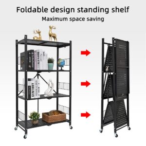 MOLYHOM Folding Storage Shelves, 4-Tier Metal Collapsible Shelves with Wheels, Shelving Units and Storage Rack, Rolling Shelf No Assembly…