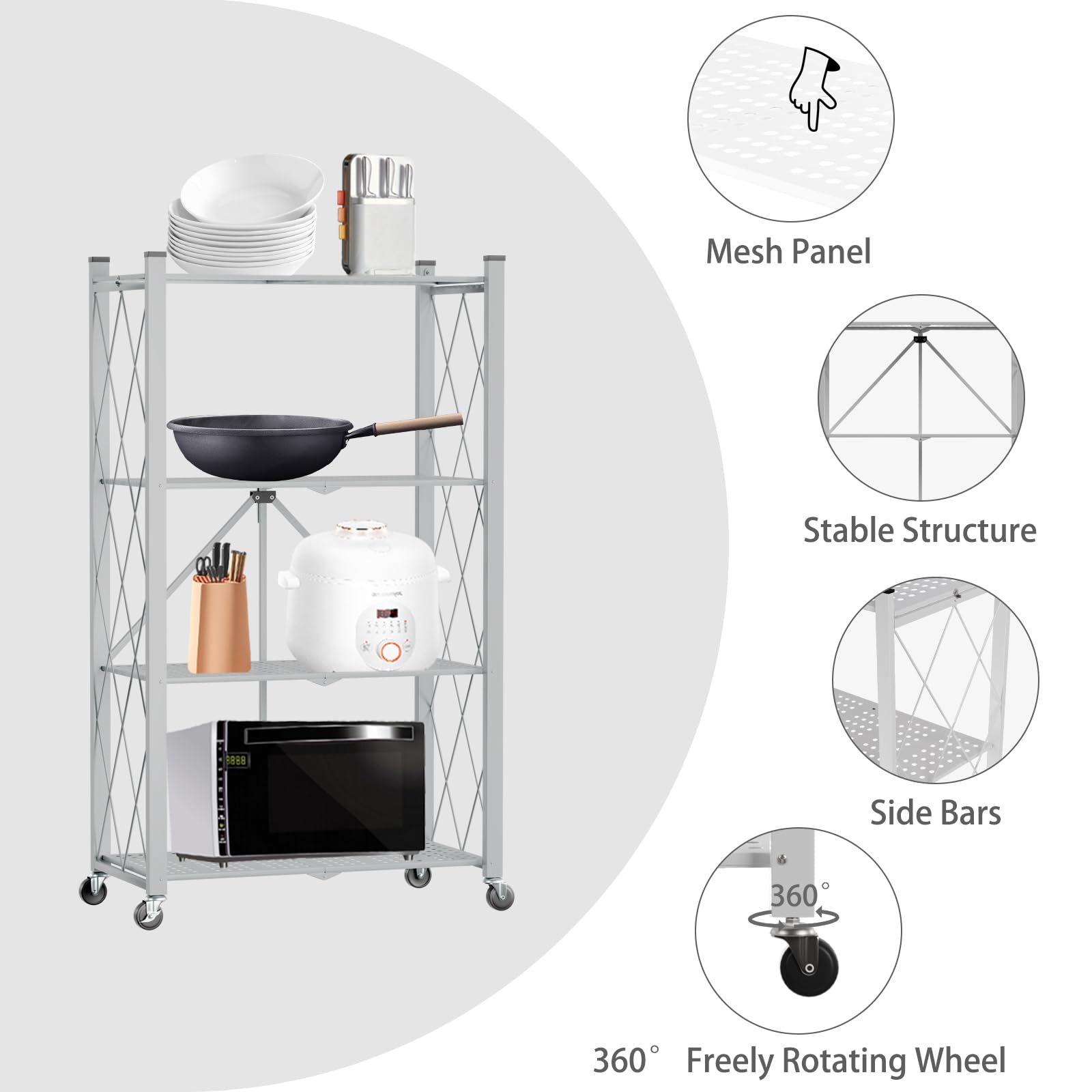 Yuanjimi 4 Tier Foldable Storage Shelf with Wheels, Heavy Duty Garage Shelving Unit Loads 600 LBS, Metal Steel Collapsible Shelves, Rolling Standing Utility Rack for Kitchen, Pantry, Office, Dark Grey