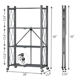 Yuanjimi 4 Tier Foldable Storage Shelf with Wheels, Heavy Duty Garage Shelving Unit Loads 600 LBS, Metal Steel Collapsible Shelves, Rolling Standing Utility Rack for Kitchen, Pantry, Office, Dark Grey