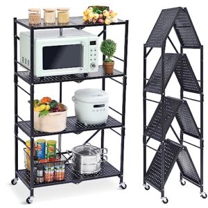 toolf foldable 4-tier storage shelving unit with lockable wheels, space-saving organizer rack for home and office, freestanding metal rack, 1 piece, black