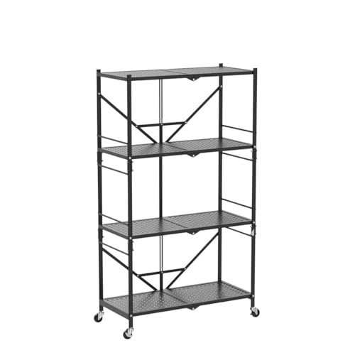 TOOLF Foldable 4-Tier Storage Shelving Unit with Lockable Wheels, Space-Saving Organizer Rack for Home and Office, Freestanding Metal Rack, 1 Piece, Black