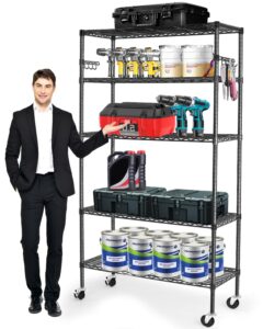 ynn wire shelving,1750lbs capacity 5 tier heavy duty nsf wire shelf with rolling wheels black metal storage shelves adjustable wire rack unit 36" w x 14" d x 72" h for kitchen bathroom garage closet