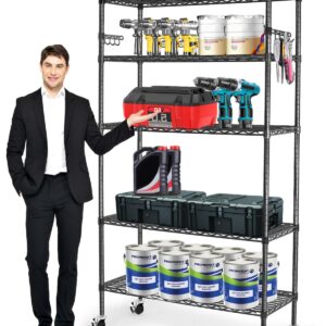 YNN Wire Shelving,1750Lbs Capacity 5 Tier Heavy Duty NSF Wire Shelf with Rolling Wheels Black Metal Storage Shelves Adjustable Wire Rack Unit 36" W x 14" D x 72" H for Kitchen Bathroom Garage Closet