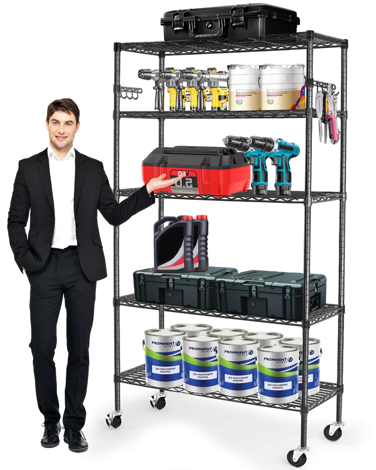 YNN Wire Shelving,1750Lbs Capacity 5 Tier Heavy Duty NSF Wire Shelf with Rolling Wheels Black Metal Storage Shelves Adjustable Wire Rack Unit 36" W x 14" D x 72" H for Kitchen Bathroom Garage Closet