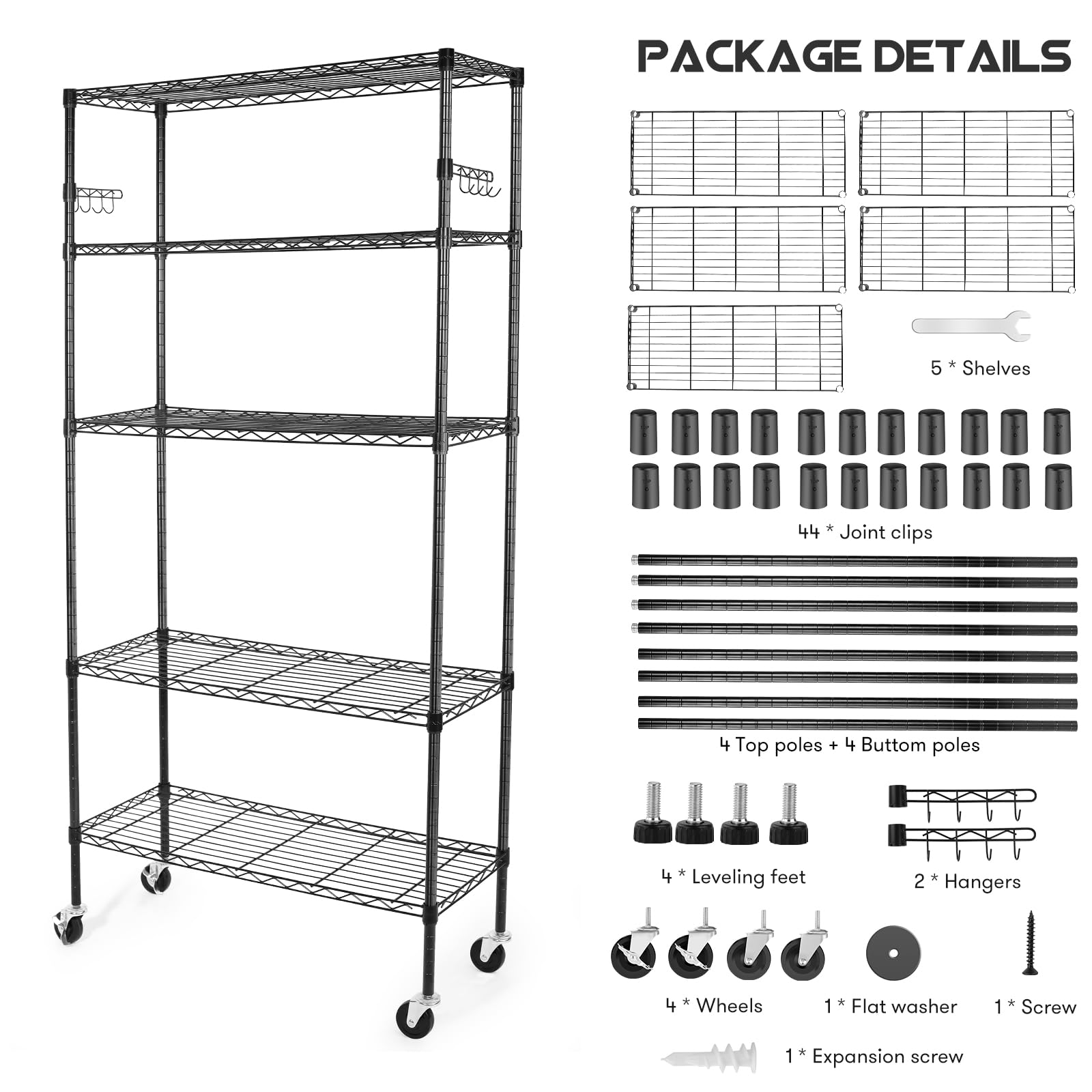 YNN Wire Shelving,1750Lbs Capacity 5 Tier Heavy Duty NSF Wire Shelf with Rolling Wheels Black Metal Storage Shelves Adjustable Wire Rack Unit 36" W x 14" D x 72" H for Kitchen Bathroom Garage Closet