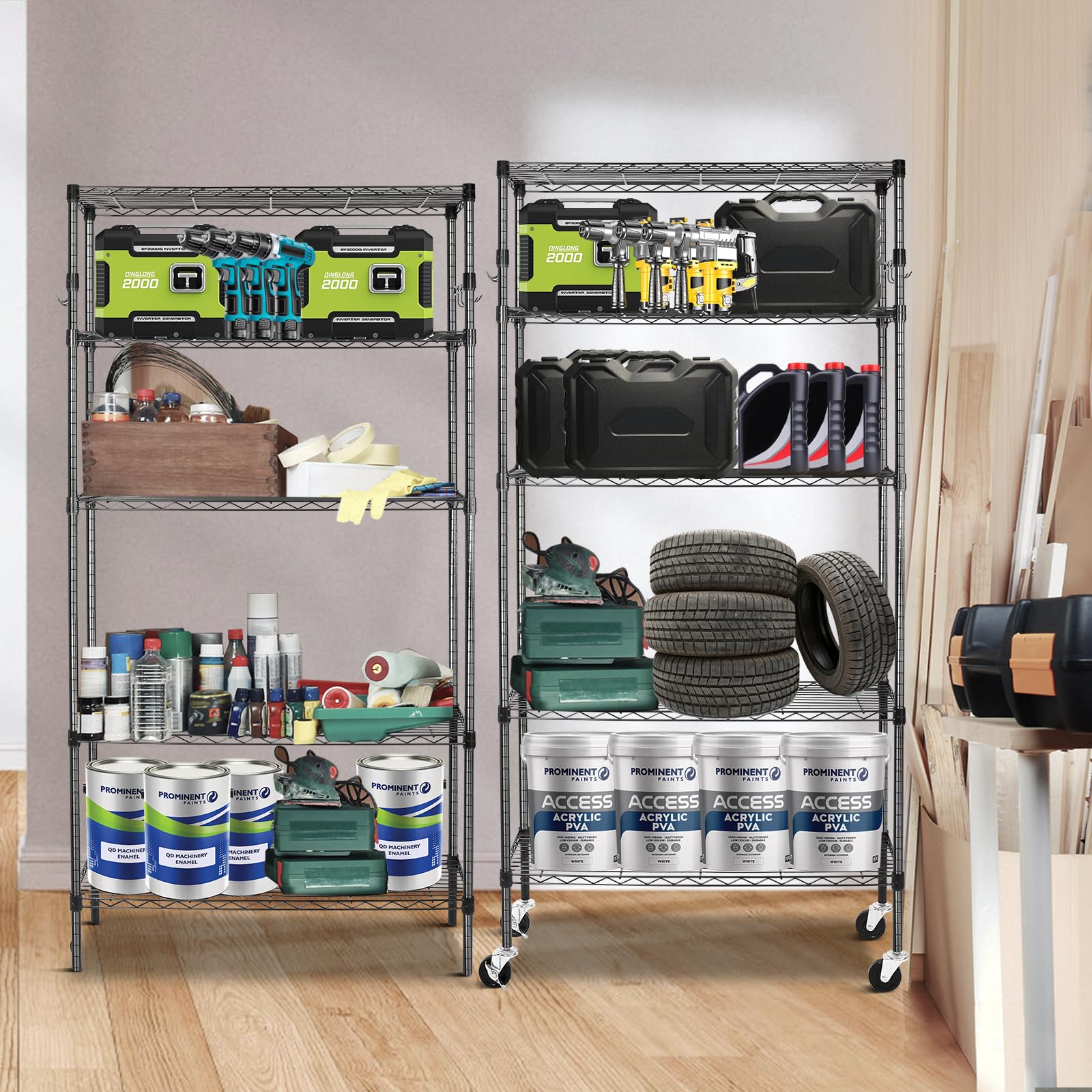 YNN Wire Shelving,1750Lbs Capacity 5 Tier Heavy Duty NSF Wire Shelf with Rolling Wheels Black Metal Storage Shelves Adjustable Wire Rack Unit 36" W x 14" D x 72" H for Kitchen Bathroom Garage Closet