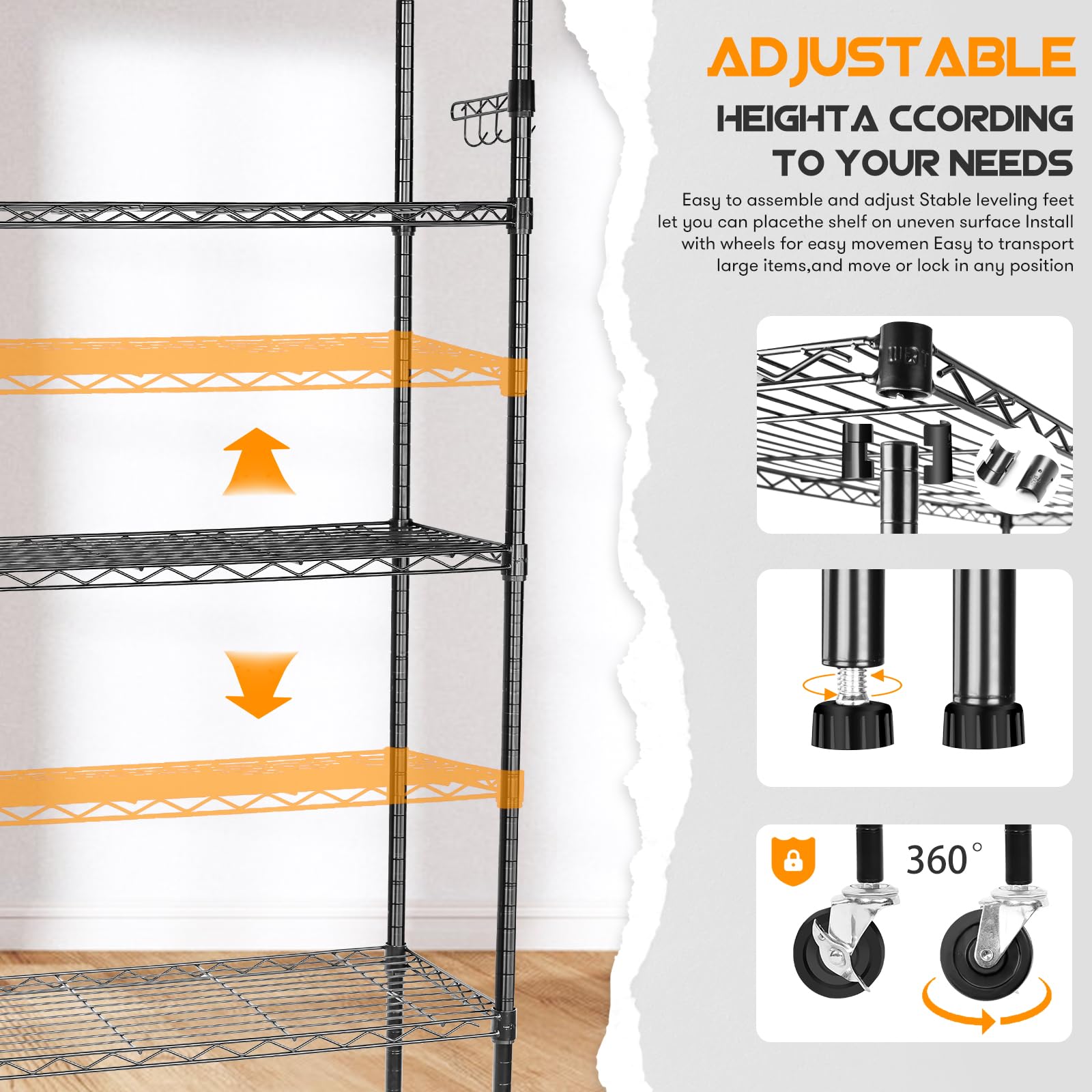 YNN Wire Shelving,1750Lbs Capacity 5 Tier Heavy Duty NSF Wire Shelf with Rolling Wheels Black Metal Storage Shelves Adjustable Wire Rack Unit 36" W x 14" D x 72" H for Kitchen Bathroom Garage Closet