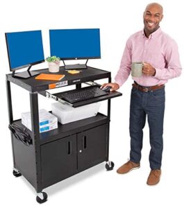 line leader extra wide av cart with locking cabinet, rolling computer desk, height adjustable utility cart with pullout keyboard tray & ul-listed power strip, great for projectors (42 x 32 x 20in)