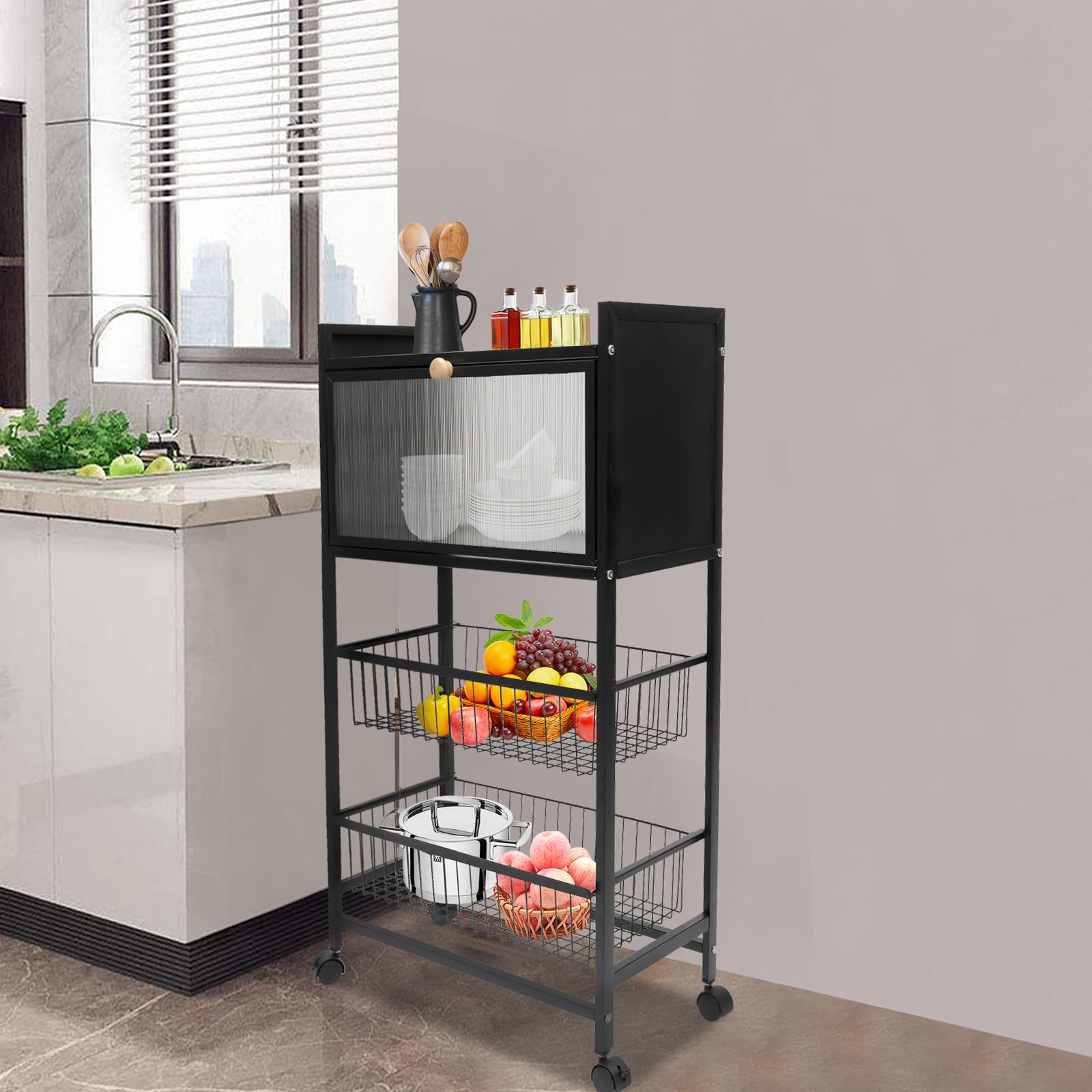 4 Tier Kitchen Organizer Shelf,with 4 Walls, Rolling Kitchen Storage Rack,Metal Shelves Unit for Kitchen, Bathroom, Garage (Black)