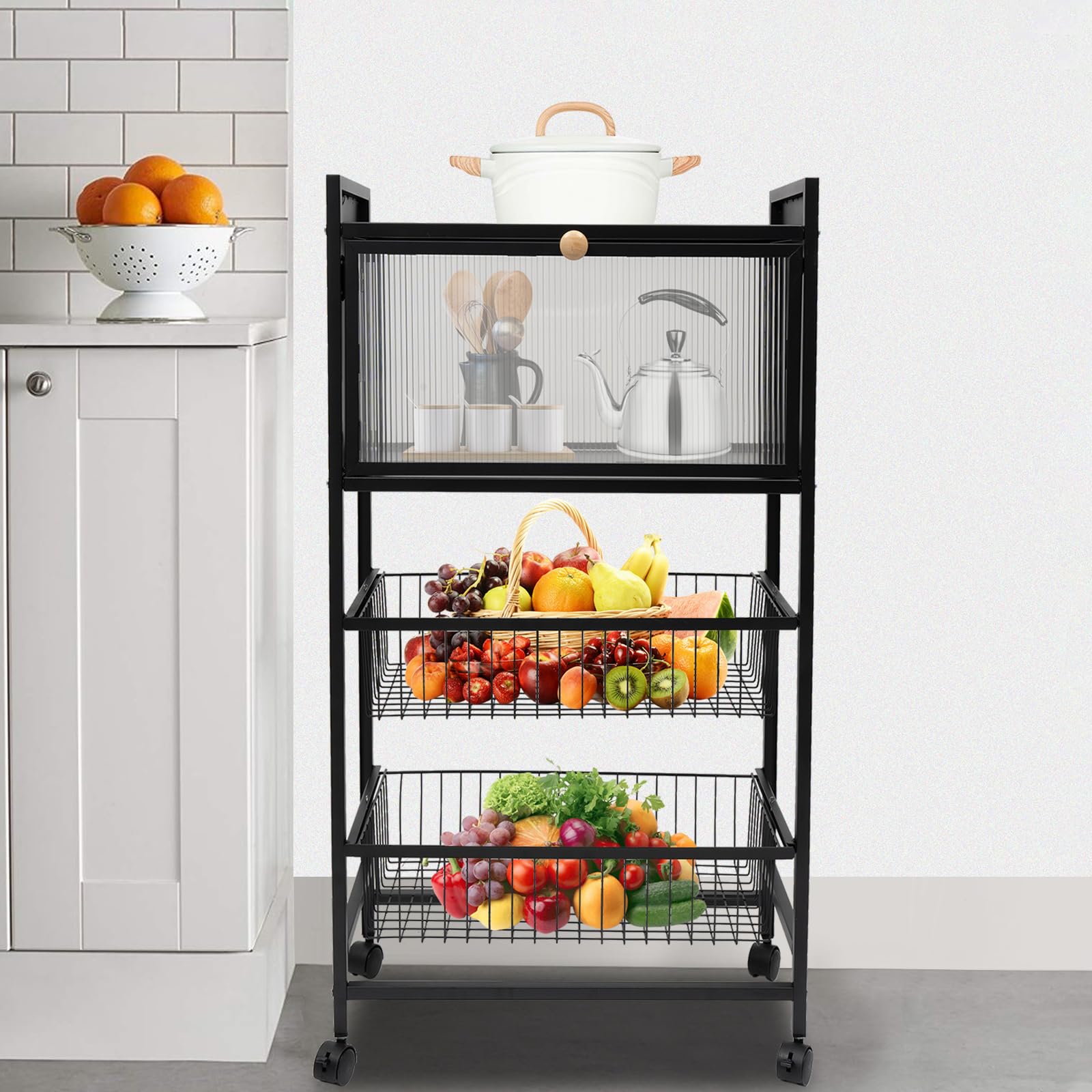 4 Tier Kitchen Organizer Shelf,with 4 Walls, Rolling Kitchen Storage Rack,Metal Shelves Unit for Kitchen, Bathroom, Garage (Black)