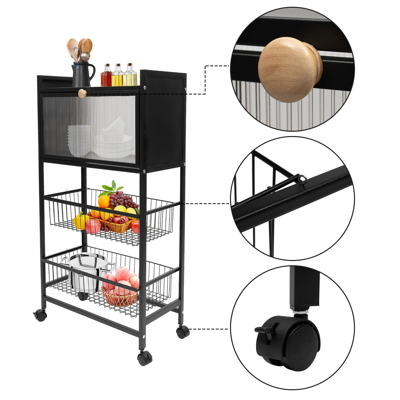 4 Tier Kitchen Organizer Shelf,with 4 Walls, Rolling Kitchen Storage Rack,Metal Shelves Unit for Kitchen, Bathroom, Garage (Black)