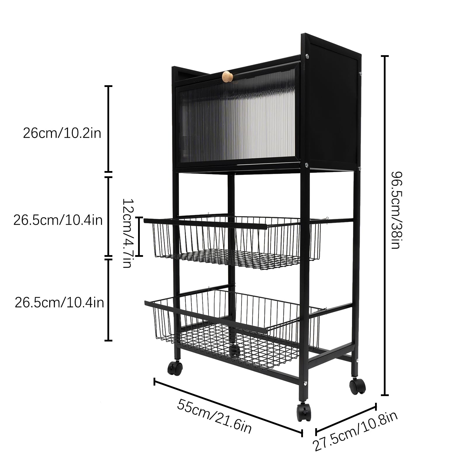 4 Tier Kitchen Organizer Shelf,with 4 Walls, Rolling Kitchen Storage Rack,Metal Shelves Unit for Kitchen, Bathroom, Garage (Black)