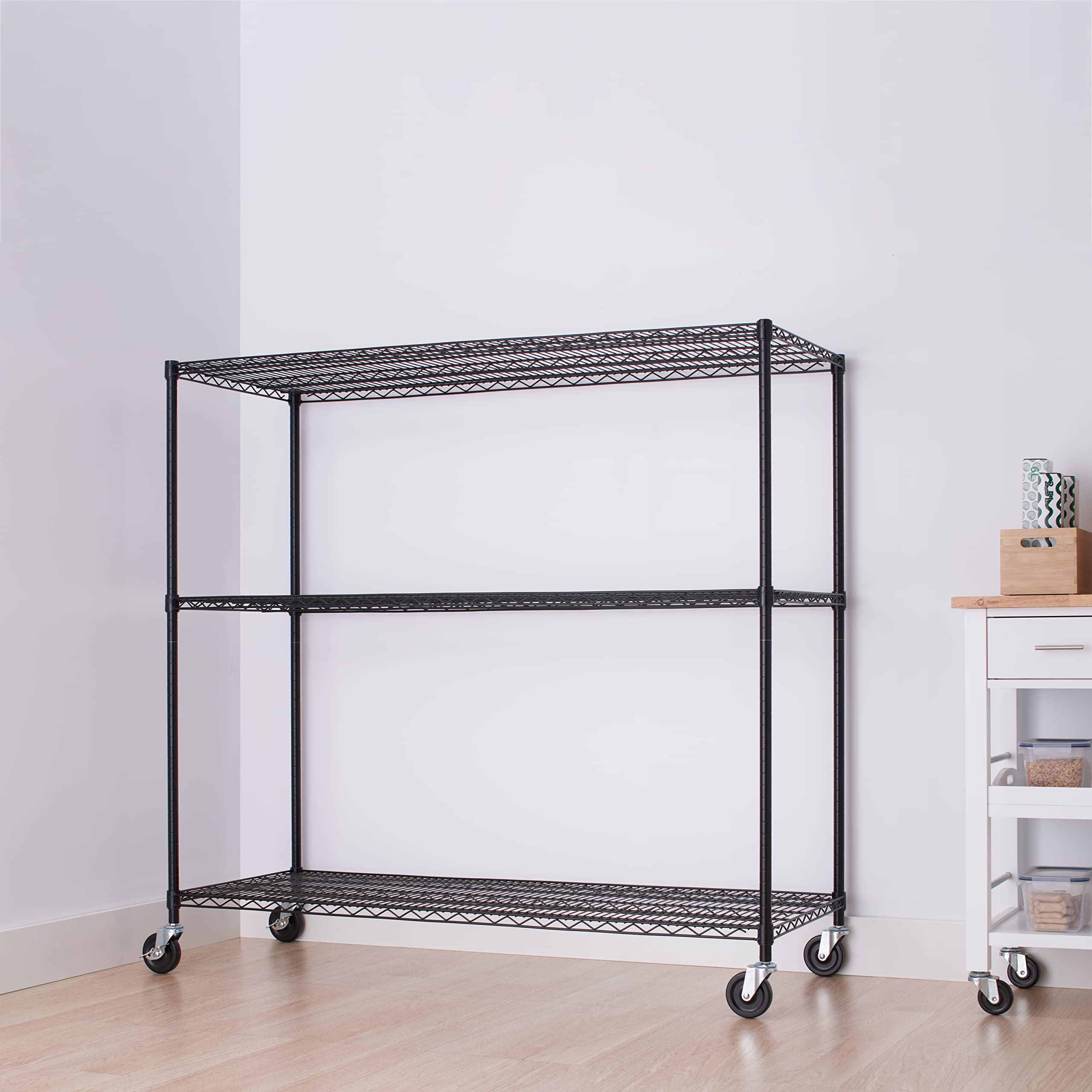 TRINITY Basics 3-Tier Adjustable Wire Shelving with Wheels for Kitchen Organization, Garage Storage, Laundry Room, NSF Certified, 600 to 1350 Pound Capacity, 60” by 24” by 54”, Black