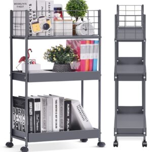 kingrack slim storage rolling cart, 3-tier metal utility cart with wheels, rolling storage cart, skinny storage rolling cart, storage trolley cart for office kitchen bathroom narrow place, grey