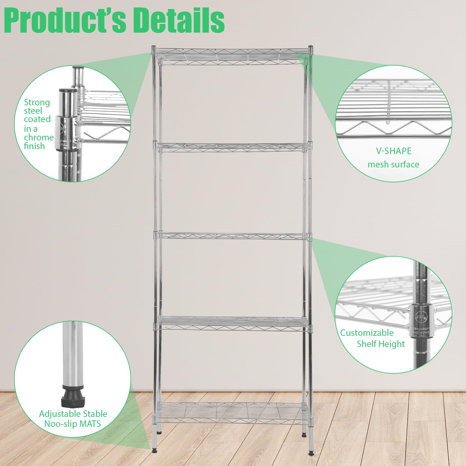 5-Tier Metal Shelves for Storage Wire Shelf Storage Shelves Shelving Unit NSF-Certified,Garage Storage Shelf Metal Shelf Rack Storage Rack Wire Shelving Rack for Restaurant Pantry Kitchen,Chorme