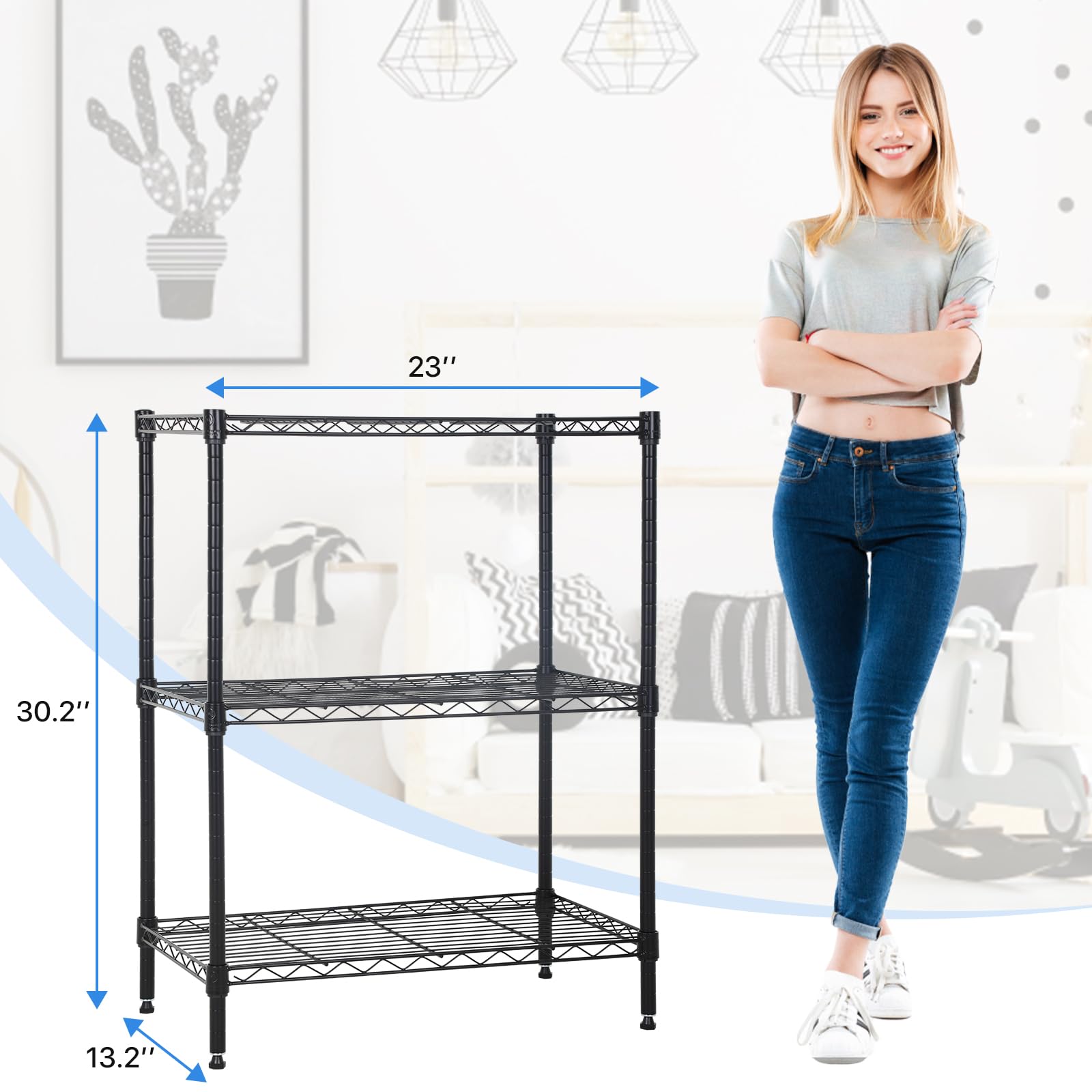 3 Tier Steel Wire Shelving,Adjustable Utility Metal Shelves for Storage,Storage Shelves Heavy Duty with Leveling Feet for Kitchen,Garage,Pantry,Clothset,100ps Per Shelf，Black,(23 x 13.2 x 30.2 inches)