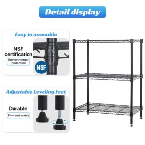 3 Tier Steel Wire Shelving,Adjustable Utility Metal Shelves for Storage,Storage Shelves Heavy Duty with Leveling Feet for Kitchen,Garage,Pantry,Clothset,100ps Per Shelf，Black,(23 x 13.2 x 30.2 inches)