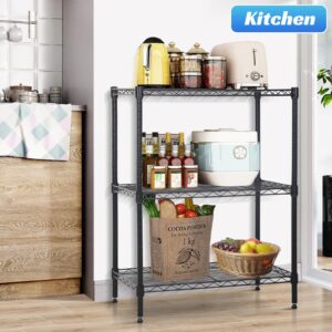 3 Tier Steel Wire Shelving,Adjustable Utility Metal Shelves for Storage,Storage Shelves Heavy Duty with Leveling Feet for Kitchen,Garage,Pantry,Clothset,100ps Per Shelf，Black,(23 x 13.2 x 30.2 inches)