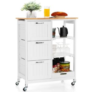 medimall rolling kitchen island cart with storage, utility cart on steel lockable casters, mobile serving cart with drawers, shelves & removable tray, island table for dining room & living room, white