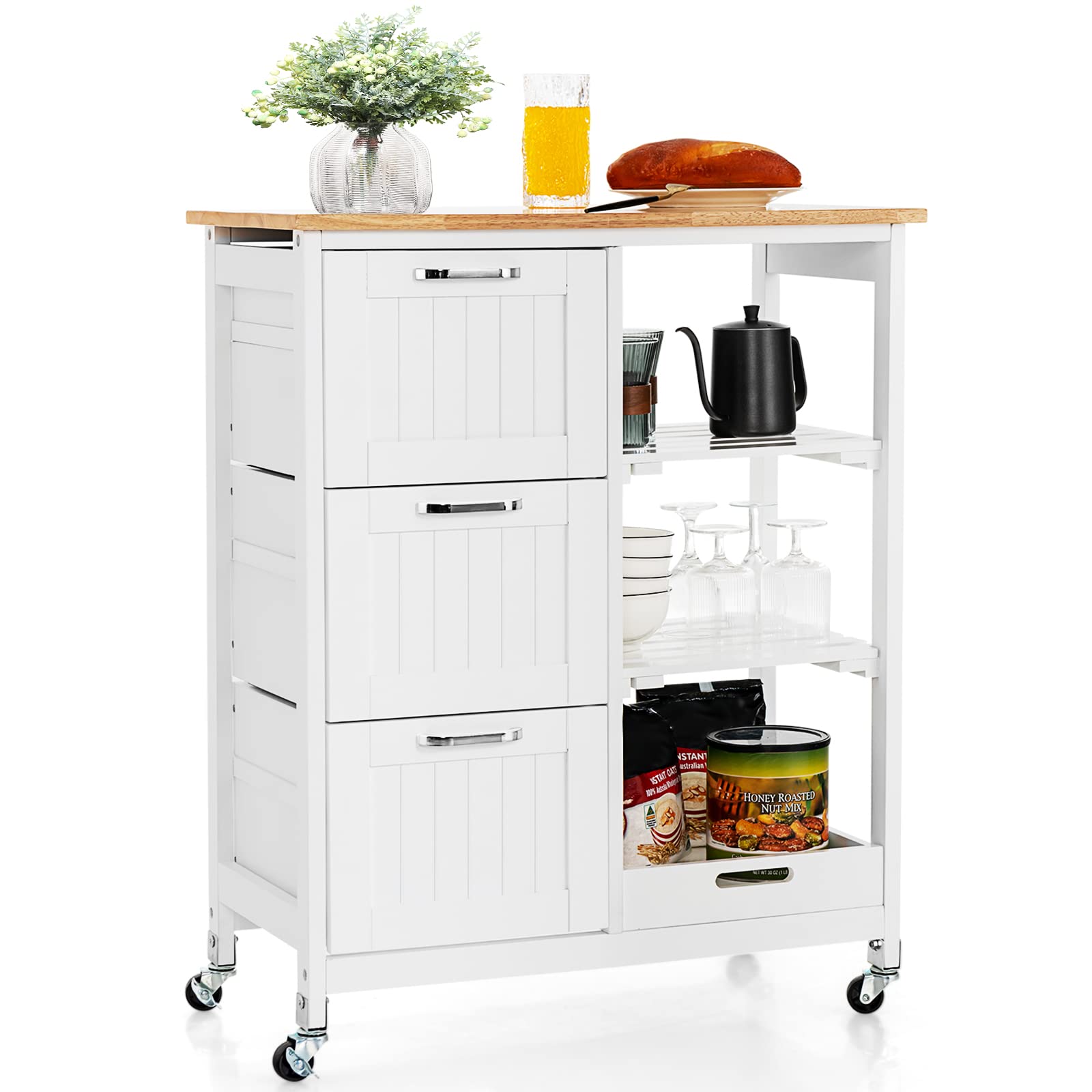 MEDIMALL Rolling Kitchen Island Cart with Storage, Utility Cart on Steel Lockable Casters, Mobile Serving Cart with Drawers, Shelves & Removable Tray, Island Table for Dining Room & Living Room, White