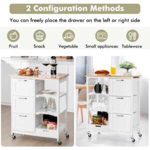 MEDIMALL Rolling Kitchen Island Cart with Storage, Utility Cart on Steel Lockable Casters, Mobile Serving Cart with Drawers, Shelves & Removable Tray, Island Table for Dining Room & Living Room, White