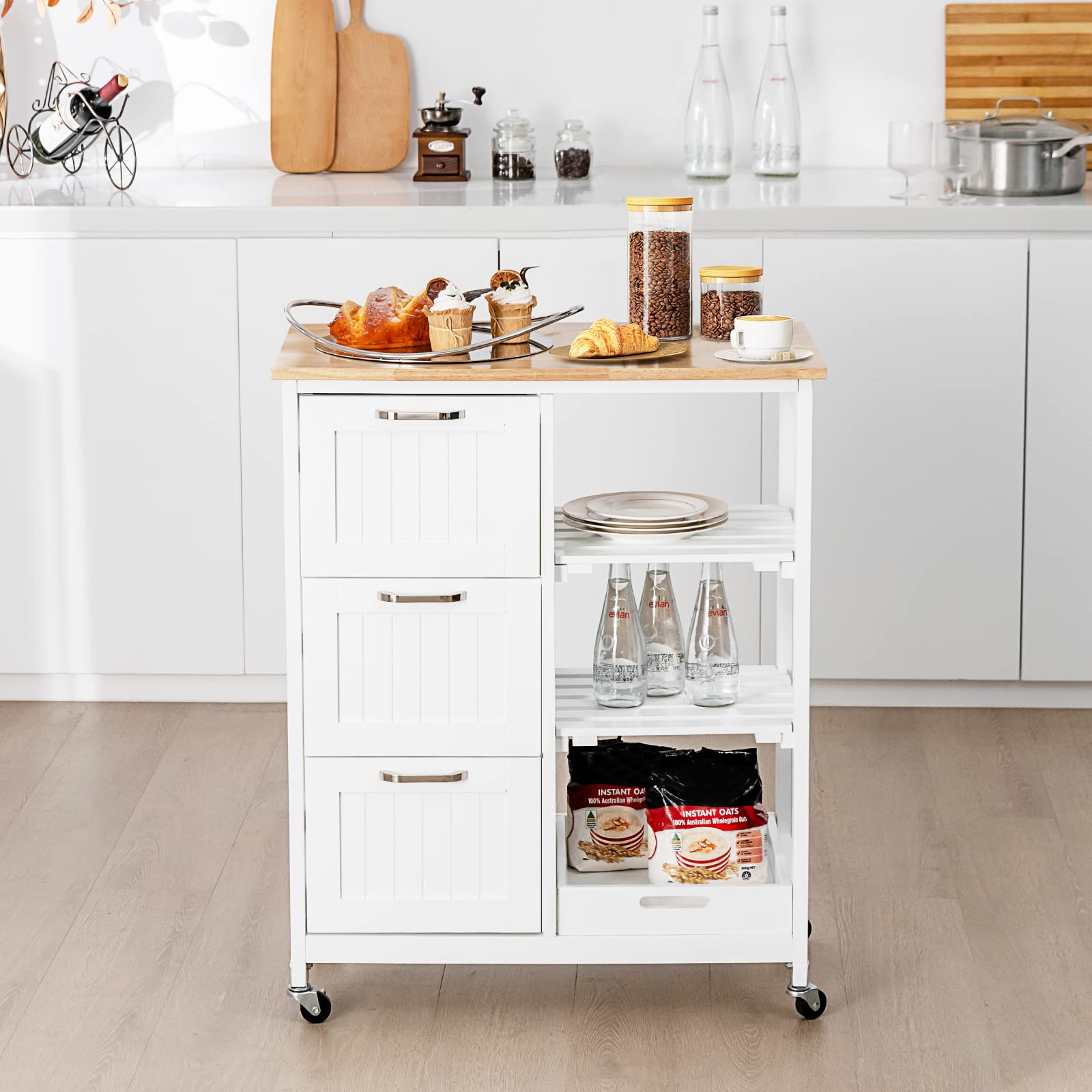 MEDIMALL Rolling Kitchen Island Cart with Storage, Utility Cart on Steel Lockable Casters, Mobile Serving Cart with Drawers, Shelves & Removable Tray, Island Table for Dining Room & Living Room, White