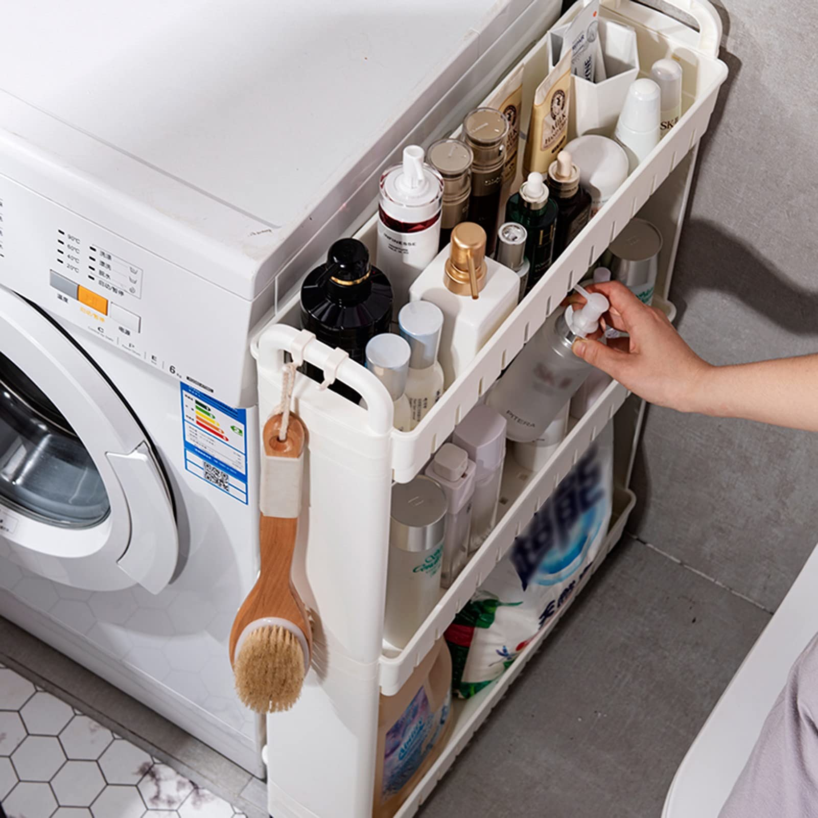 Kitchen Storage Cabinet Slim Bathroom Rolling Cart 4 Inch, Plastic with 4 Wheels and Hook, White - Narrow Shelving for Paper Shampoo | by [Brand Name]