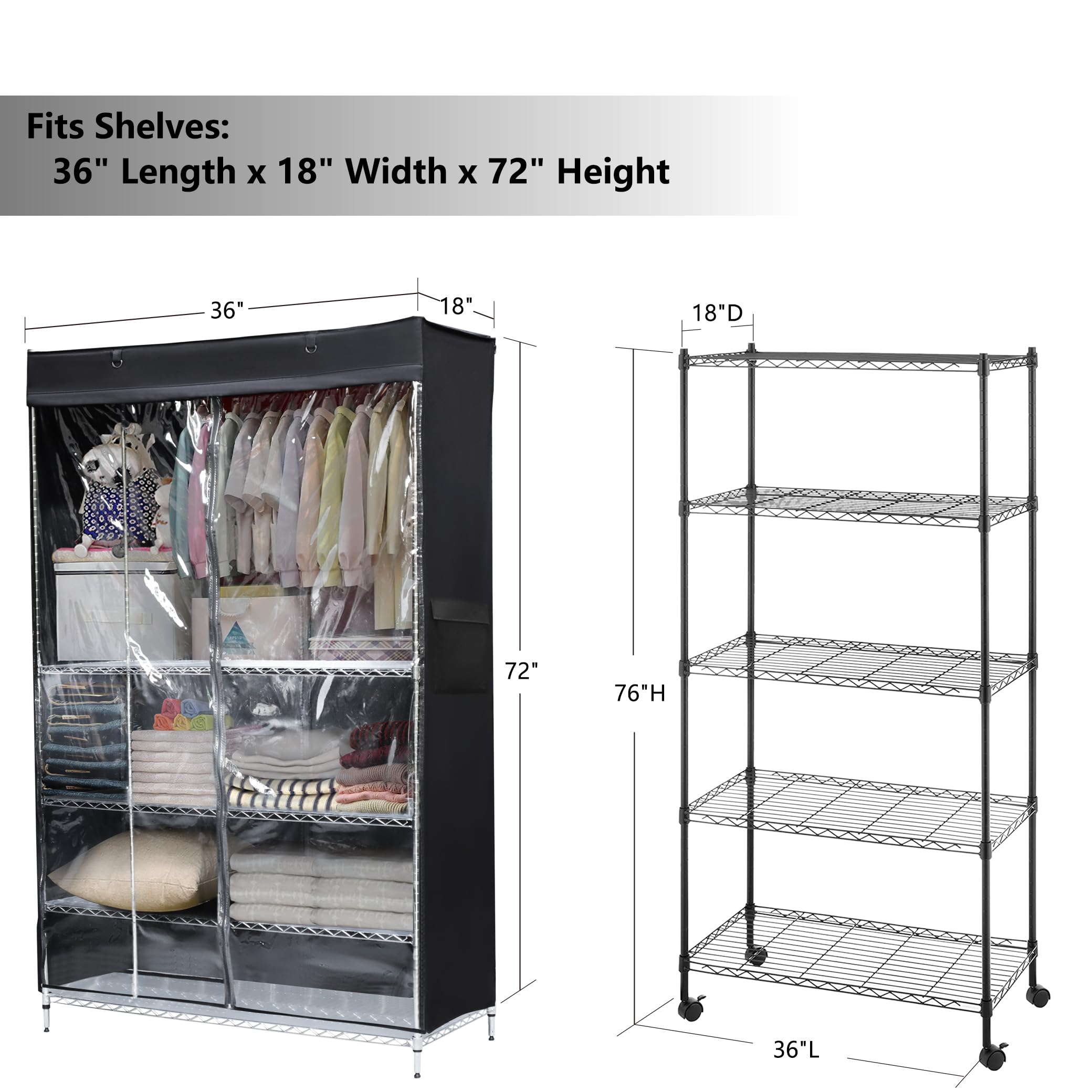 Macoda Storage Shelf Cover Wire Rack Shelving Fits Racks 18" D x 36" W x 72" H One Side See Through Panel (Cover only)