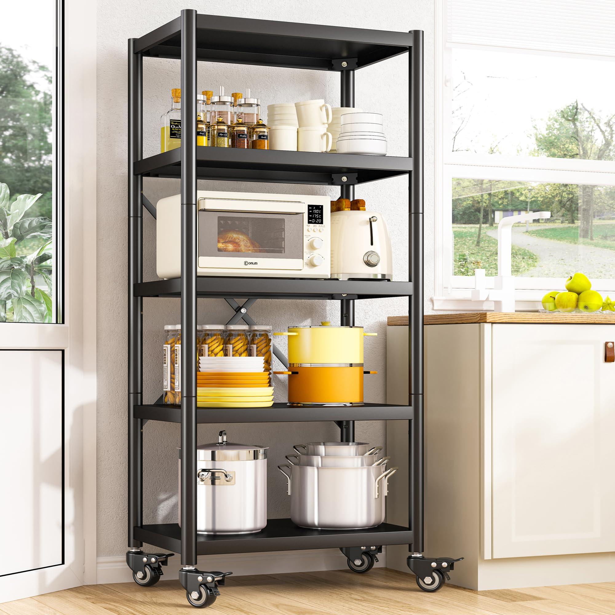 REIBII 5-Tier Storage Shelves for Storage Heavy Duty Shelving Unit with Wheels Metal Shelving Adjustable Storage Shelf Load 1160 LBS Pantry Basement Kitchen Bathroom 2PC,23.6" W * 15.7" D * 65.4" H